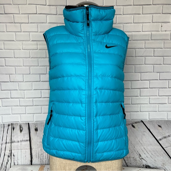 Nike | Jackets & Coats | Nike Puffer Vest Womens S Blue Logo Duck Down ...